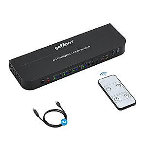 gofanco 4 Port 4K 60HZ DisplayPort KVM Switch with USB 3.0 – DisplayPort 1.4, 4K @60Hz 4:4:4, HDR, HDCP 2.2/1.4, USB Keyboard/Mouse, USB 3.0 Hub, MIC in, Stereo Out, IR Remote, Hotkeys (KVMDP-4P)