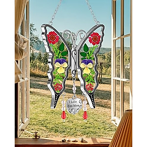 KY&BOSAM Butterfly Suncatcher Mother`s Day Gift I Love You Mom Stained Glass Suncatchers Hanging Ornament for Window Wind Chime Gifts for Mother`s Day Valentine`s Birthday Christmas Dream Catchers