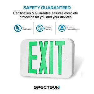 SPECTSUN 1PACK LED Exit Sign with Battery Backup, Green Exit Light,Hardwired Exit Sign, 120V/277V Exit Sign with Arrow,UL Exit Sign Lighting, Commercial Egress Light,2 sided Fire Exit Sign Plastic
