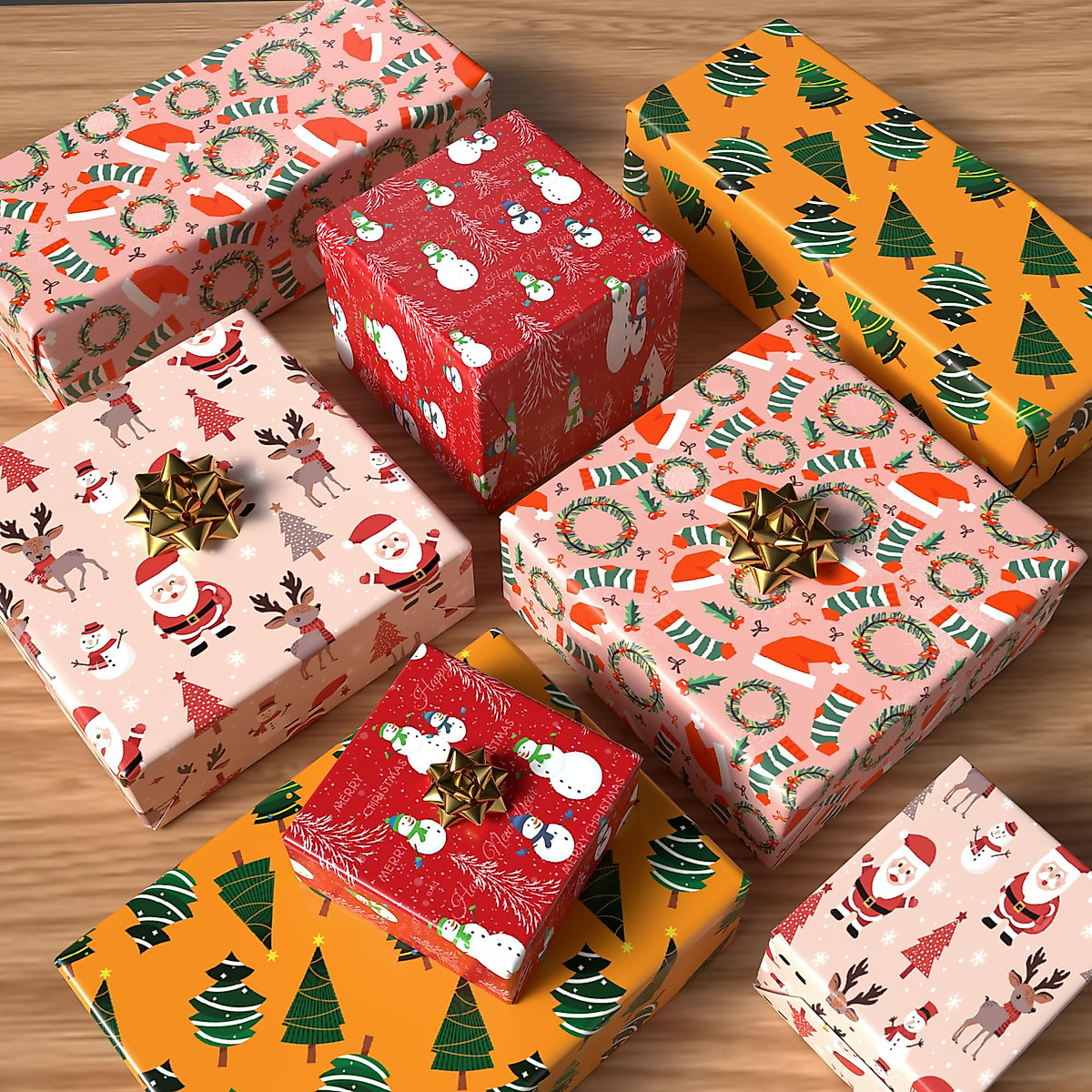 GIOLAINY Christmas Wrapping Paper for Kids Boys Girls - Holiday Gift Wrap Bundle Contain Pink Santa, Snowman, Christmas Tree, Hat Design - 6 Sheets (29 x 43 inches), Recyclable, High Gloss, Easy to