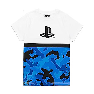 PlayStation Kids T-Shirt Camo Boys Blue White Logo Game Short Sleeve Top 7-8 Years