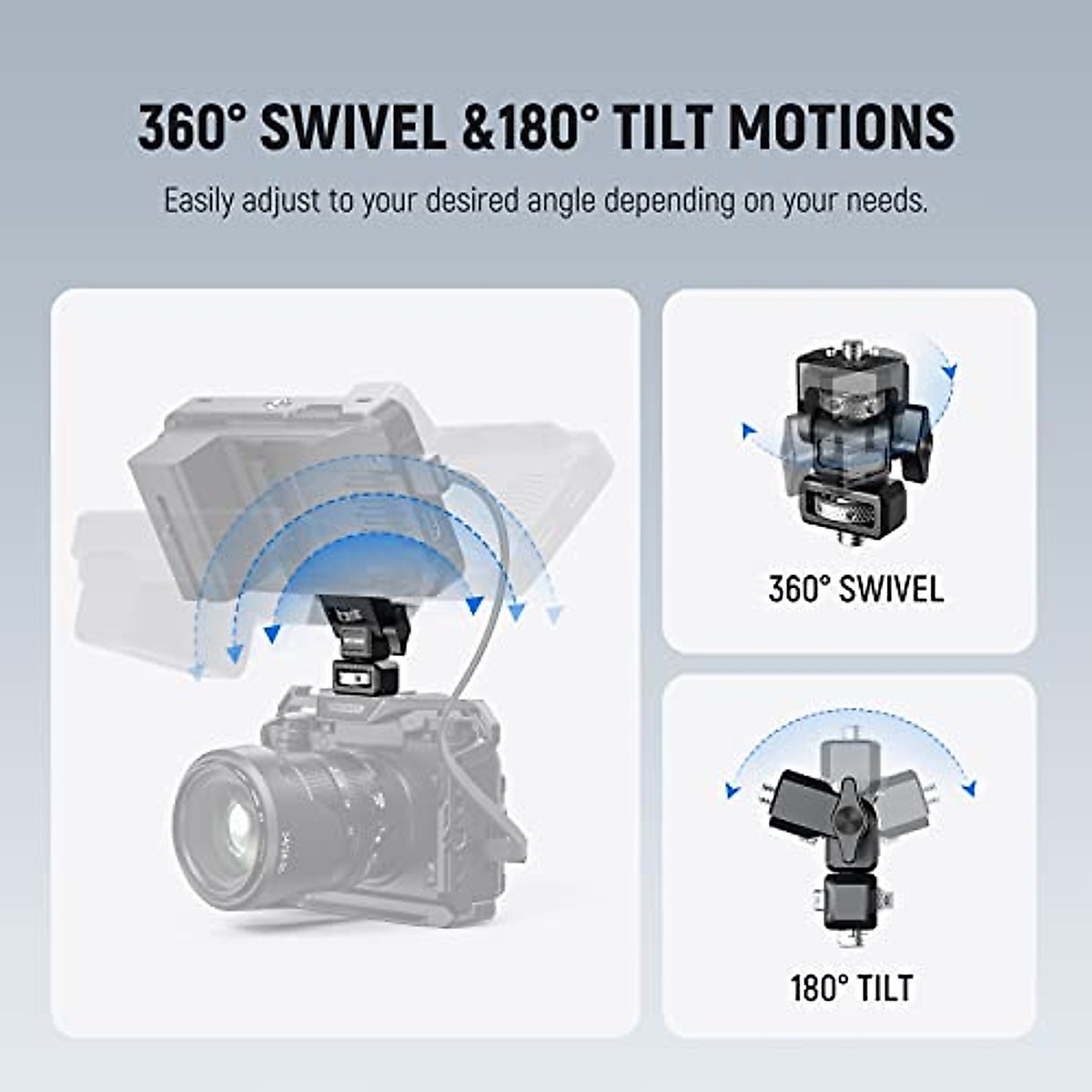 NEEWER Camera Monitor Mount with 3/8" ARRI Locating Thumbscrew, 1/4" Screw for 5" & 7" Monitor Compatible with Atomos Ninja V, 360° Swivel 180° Tilt Damping Adjustable, Compatible with SmallRig, MA004