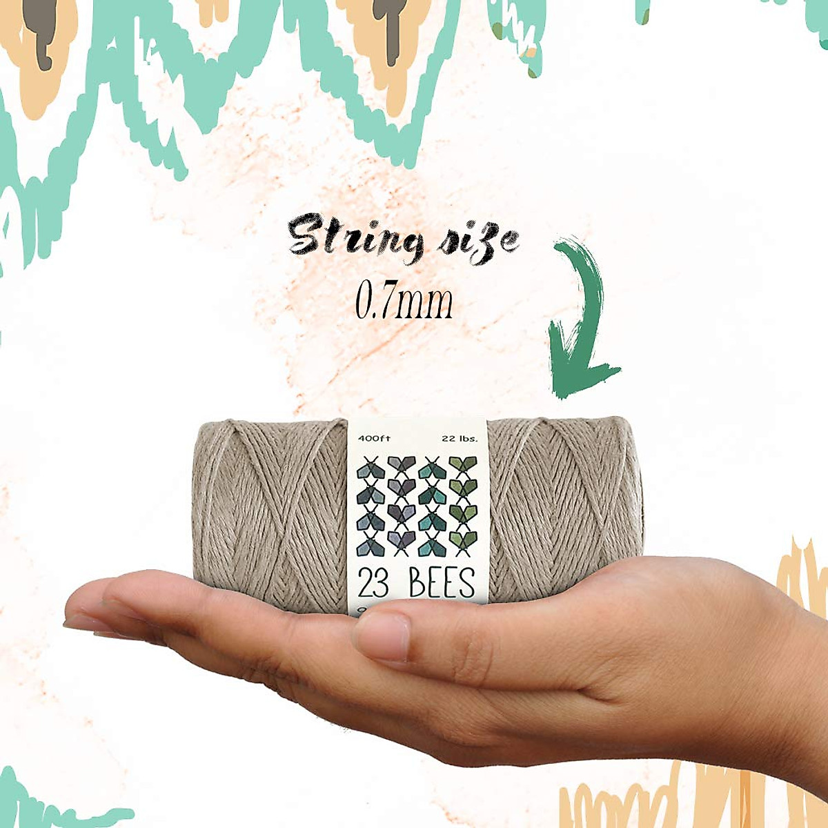 100% Organic Hemp Cord, Twine, String for Jewelry, Beading, Macrame, Crafts, 23 Bees (400ft x 22 lb.) Natural