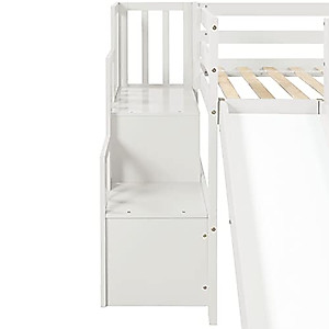 BOVZA Twin Size Low Loft Bed with Stairs and Slide, Wood Bedframe with Safety Guardrails for Kids Boys Girls, White