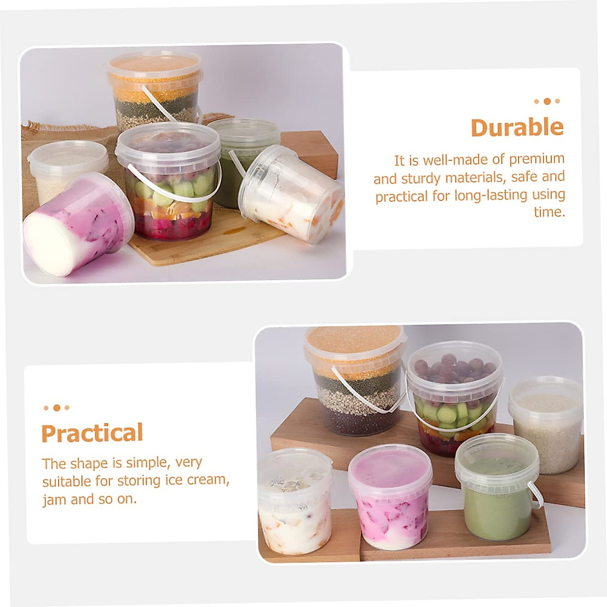 DOITOOL 3Pack Clear Plastic Bucket with Lid and Handle (1L) Ice Cream Tub with Lids, Food Grade Round Plastic Pail Container with Lid, Freezer Food Storage Containers