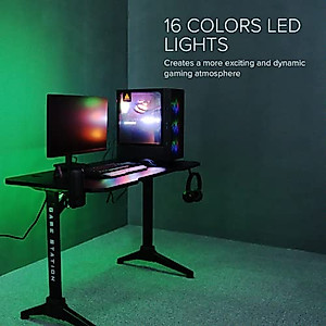POUT Game Station 1 RGB LED Gaming Desk with LED Lights, Headphone Hook, Cable Hole, 16-Color Controller & Cup Holder — 47-inch Premium Steel Gamer Desk with Carbon Fiber Surface (Black)