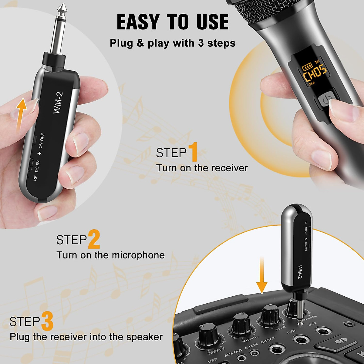VeGue Wireless Microphone, UHF Cordless Dual Handheld Dynamic Mic Set with Rechargeable Receiver, for Karaoke Party, Voice Amplifier, PA System, Singing Machine, Church, Wedding, Meeting, 200ft (WM-2)