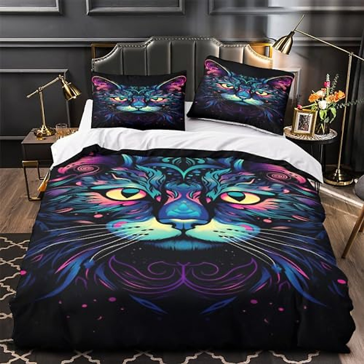 MEFESE Colorful Line Cat Theme 3D Bedding Duvet Cover Set Neon Cool Style 3 Piece (1 Duvet Cover+2 Pillowcase) for Teen Boys Girls Sports Microfiber Bedding Quilt Twin（173x218cm）