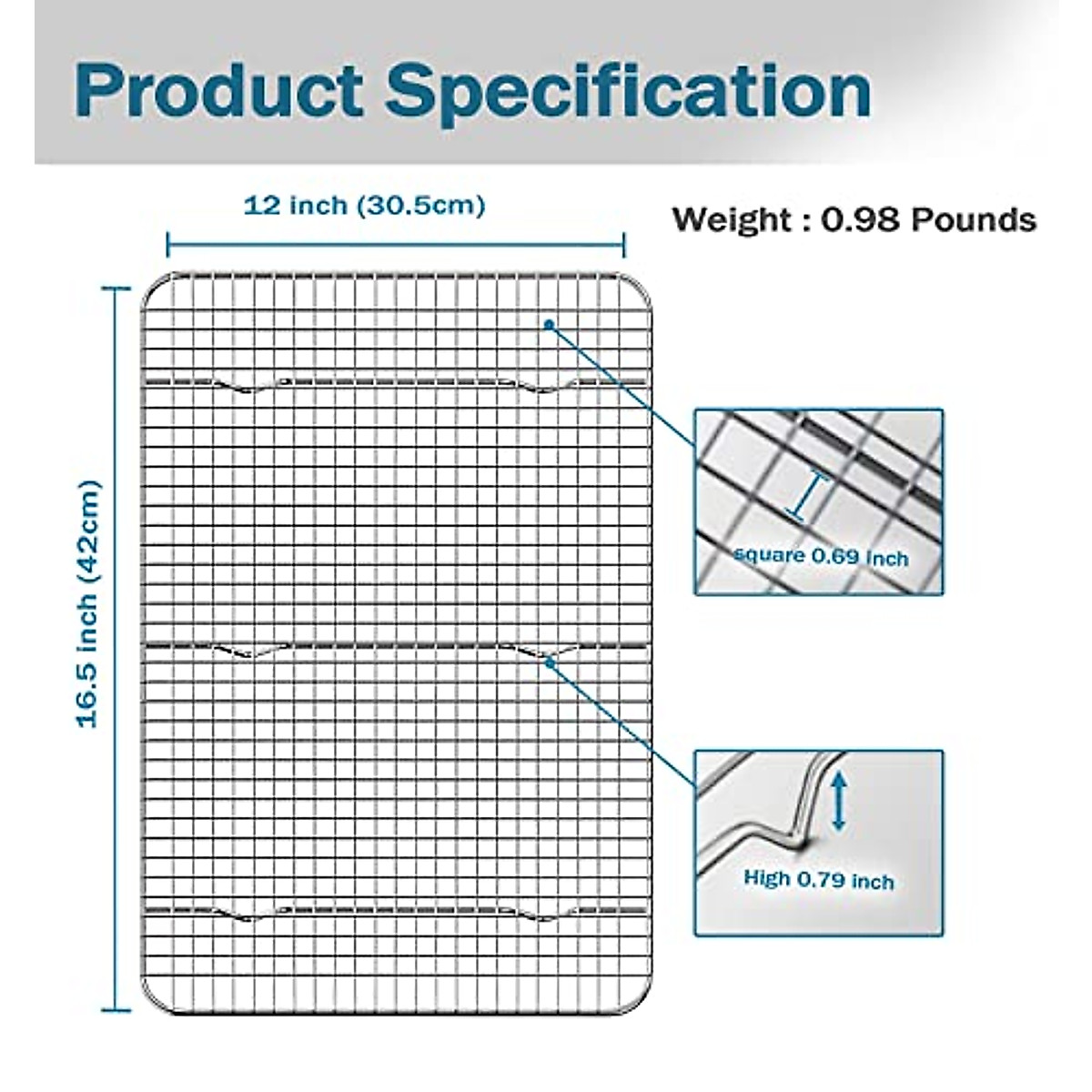 VNIMTI Baking Rack 2 Packs, Stainless Steel Cooling Racks, Wire Rack for Baking, Oven Safe Cookie Cooling Rack for Cooking, Roasting, Grilling, Drying, Fit Half Sheet Pan (16.5" * 12")