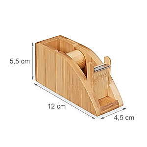 Relaxdays Adhesive Dispenser, Sticky Tape Holder for 25 mm Rolls, with Cutting Blade, Crafts, Natural, 5.5 x 12 x 4.5 cm, Bamboo, Metal