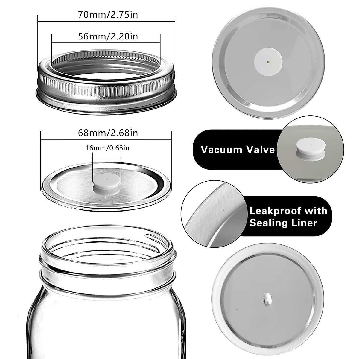 SOCTKE Mason Jar Vacuum Sealer Set,6PCS Stainless Steel Lid SplitType with Vacuum Valve,with Leak proof & Airtight Seal Features,Use for Food StorageFreshFermentation(with Hose and Manual Vacuum
