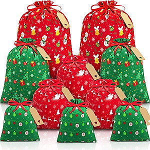 FLOE 10 PCS Christmas Drawstring Gift Bags with Tags, Assorted Sizes, Cotton Fabric Gift Wrapping Bags for Christmas Presents