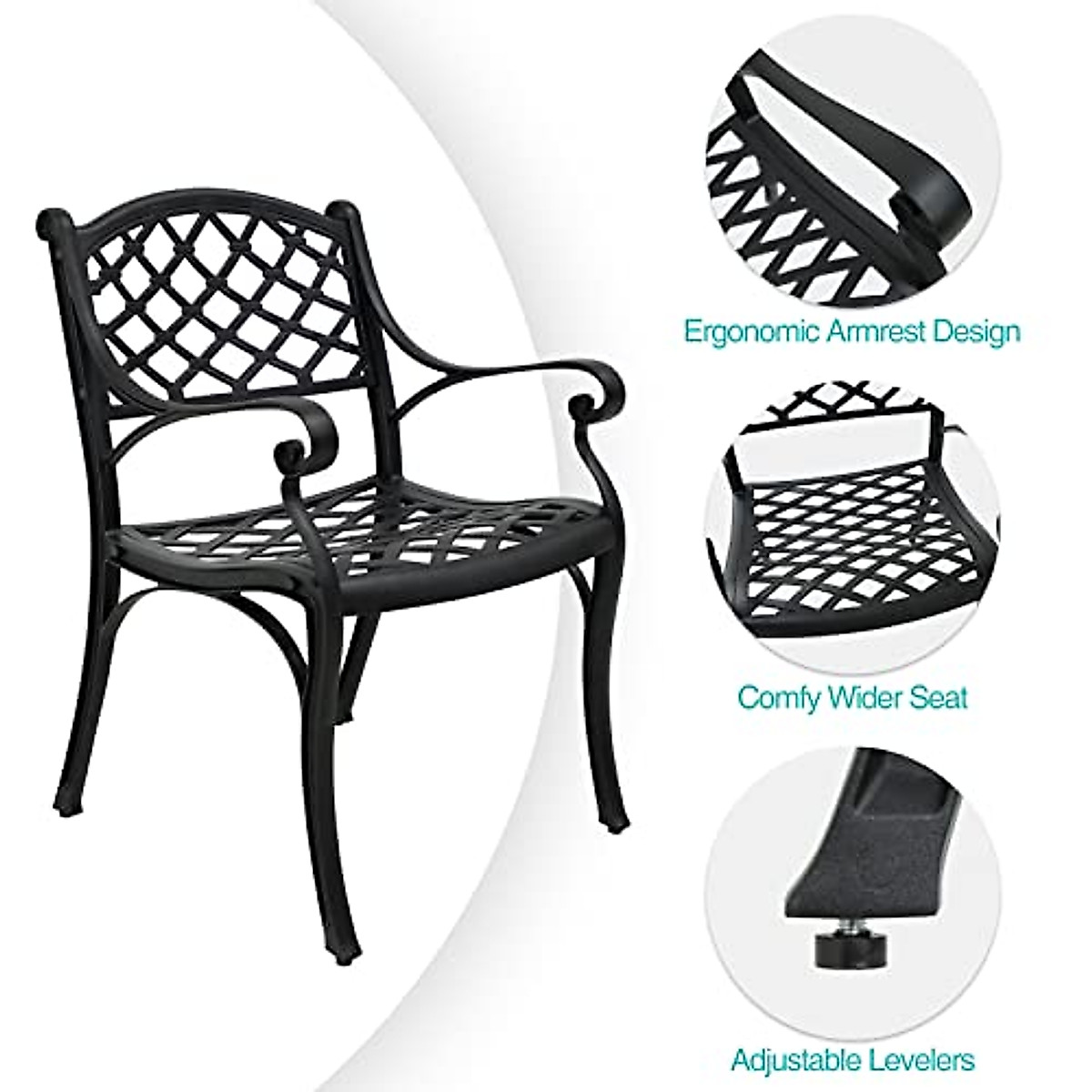 2 Pieces Cast Aluminum Patio Chair,Metal Outdoor Dining Chair with Armrest, Set of 2 All Weather Patio Armchairs,Outdoor Furniture Bistro Chairs for Lawn Porch Garden Backyard Poolside Deck,Black