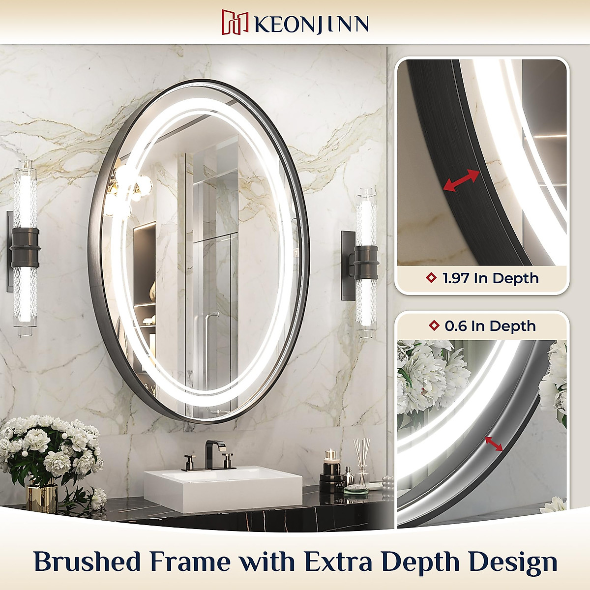 Keonjinn 22 x 30 Inch Oval LED Mirror for Bathroom with Front Lights Black Framed 3 Color Temperature Wall Mounted Vanity Mirror Dimmable Waterproof IP54