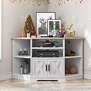 YITAHOME Corner TV Stand for TV Up to 55 Inch with Power Outlet, Farmhouse TV Console w/Adjustable Storage Shelf, Entertainment Center for Living Room,Bedroom, Grey White & Grey Wash, 47 inches
