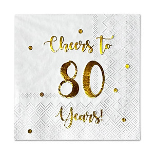 Cheers to 80 Years Cocktail Napkins | Happy 80th Birthday Decorations for Men and Women and Wedding Anniversary Party Decorations | 50-Pack 3-Ply Napkins | 5 x 5 inch folded (White)
