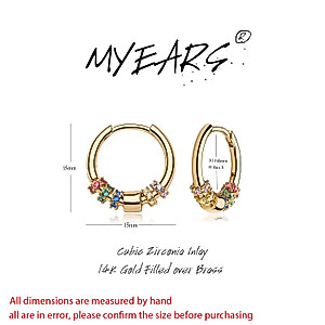 MYEARS Women Bali Hoop Earrings Gold Huggie Raibow Diamond Cubic Zirconia 14K Gold Filled Small Simple Handmade Hypoallergenic Everyday Jewelry