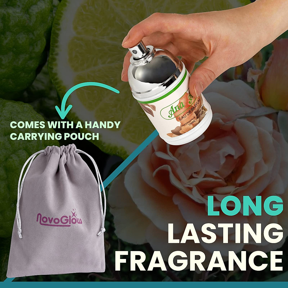 NovoGlow ANA ANA - Eau De Parfum Spray Perfume, Fragrance For Women- Daywear, Casual Daily Cologne Set with Deluxe Suede Pouch- 3.4 Oz Bottle- Ideal EDP Beauty Gift for Birthday, Anniversary