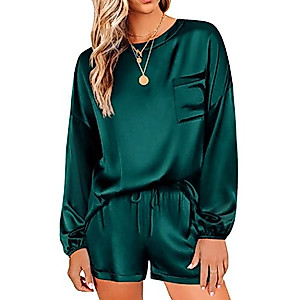 Ekouaer Satin Pajama Set for Women Silk Pajamas Set Satin Pj Set Long Sleeve Top and Shorts Two Piece Sleep Set Silky Sleepwear Lake Green Large