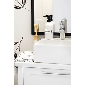 Alora Hand Soap Dispenser and Liquid Dish Soap Dispenser for Kitchen Sink - Set of 2 - Black Metal Pumps - Reusable Plastic Bottle with Easy to Read Lettering - Countertop Replacement Refill