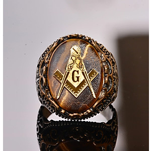 Men's Natural Tiger Eye Masonic Ring, 925 Sterling Silver, Handcrafted with Ornate Design