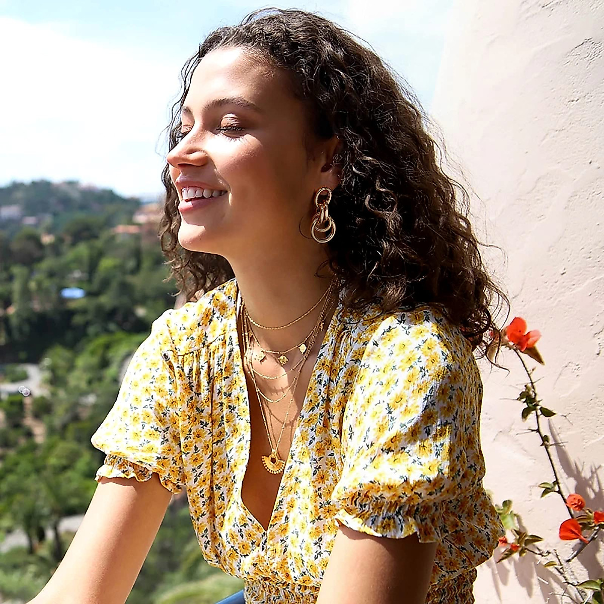 PERNNLA PEARL 18K Gold Drop Dangle Earrings for Women Dainty Long Circle Geometric Earring Big Boho Statement Earrings Women Jewelry