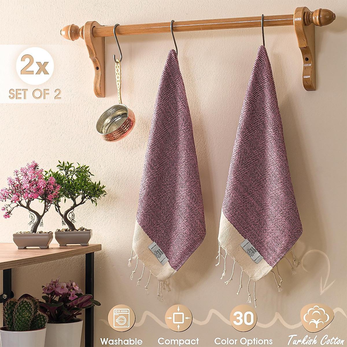 EPHESUS TOWELS Hand Towels - Set of 2 | 18" x 30" - Decorative Turkish Hand Towel for Bathroom, Kitchen, Guest, Face, Hair, Tea, Dishcloth (Herringbone, Pink)