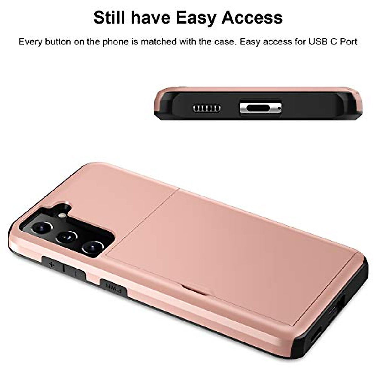 Jiunai for Samsung S21 Case, Galaxy S21 Case Credit Card IDs Cash Holder Shell Wallet Case Slide Cover Dual Layer Hard PC Rubber Cover Phone Case for Samsung Galaxy S21 5G 6.2'' 2021 Rose Gold