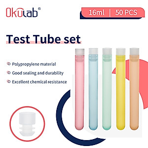 Okulab Test Tubes, Plastic Test Tubes with Caps, 50pcs 5 Colors Tampon Alcohol Tubes, with Flange Stopper for Lab, Classroom, Craft, TTP16B50