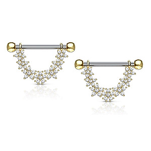 Forbidden Body Jewelry Pair of Surgical Steel 9/16 Inch CZ Flower Daisy Chain Dangle Nipple Barbells, Gold Tone