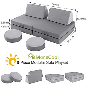 MeMoreCool Kids Couch for Playroom, Modular Kids Play Couch for Toddlers, Kids Couch Building Fort, Foam Couch for Kids Explorer Sofa, Grey