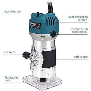 AKYPACH Wood Router,Router Tool Wood Trimmer Router Electric Hand Trimmer Laminate Milling Engraving Hand Machine Joiner Tool Electric for Slotting Trimming Carving 110V 800W 30000R/MIN