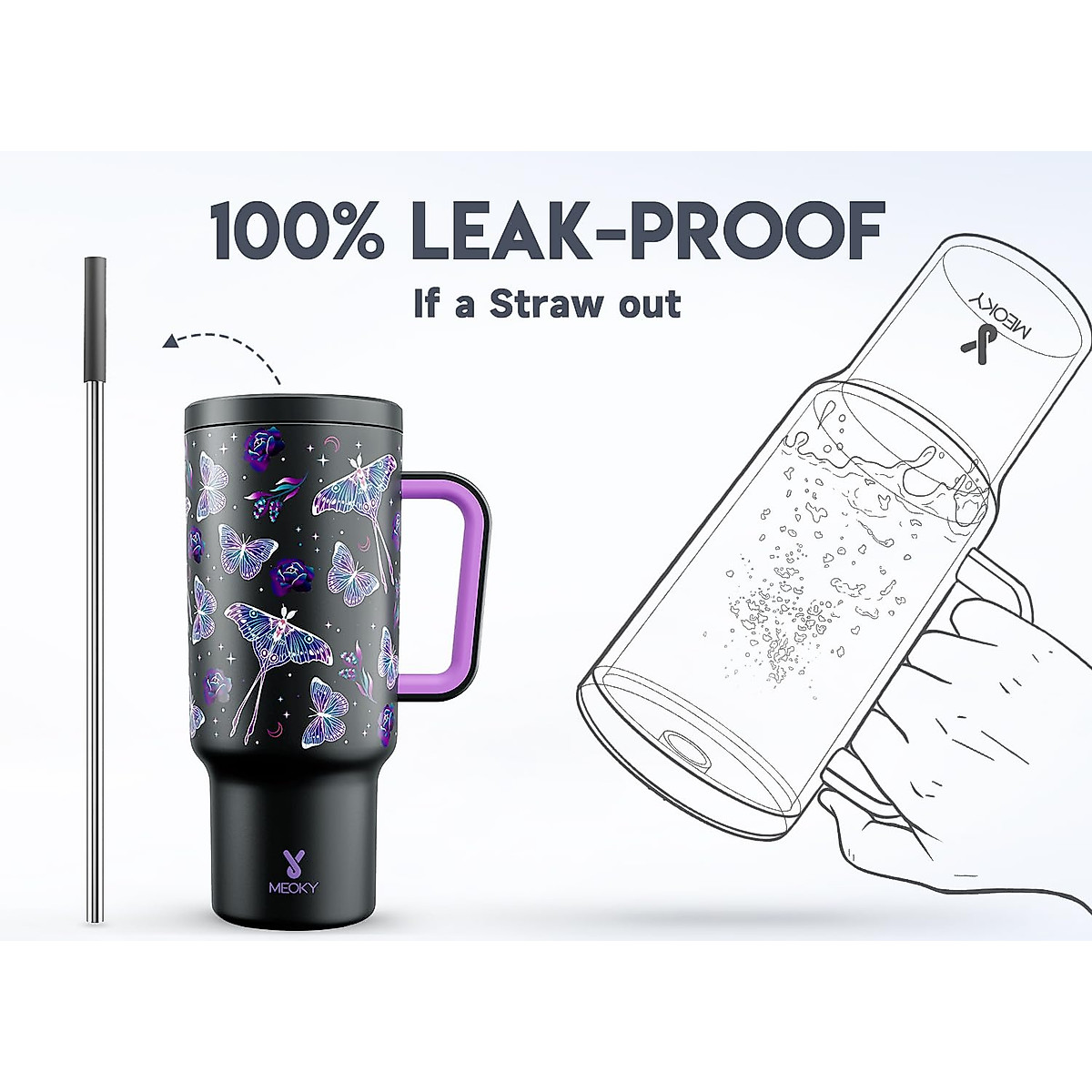 Meoky 40 oz Glow in the Dark Tumbler with Handle and Straw, Tumbler with Lid and Straw, Insulated Stainless Steel Travel Mug, 100% Leak-proof, Keeps Cold for 34 Hours (Butterfly)