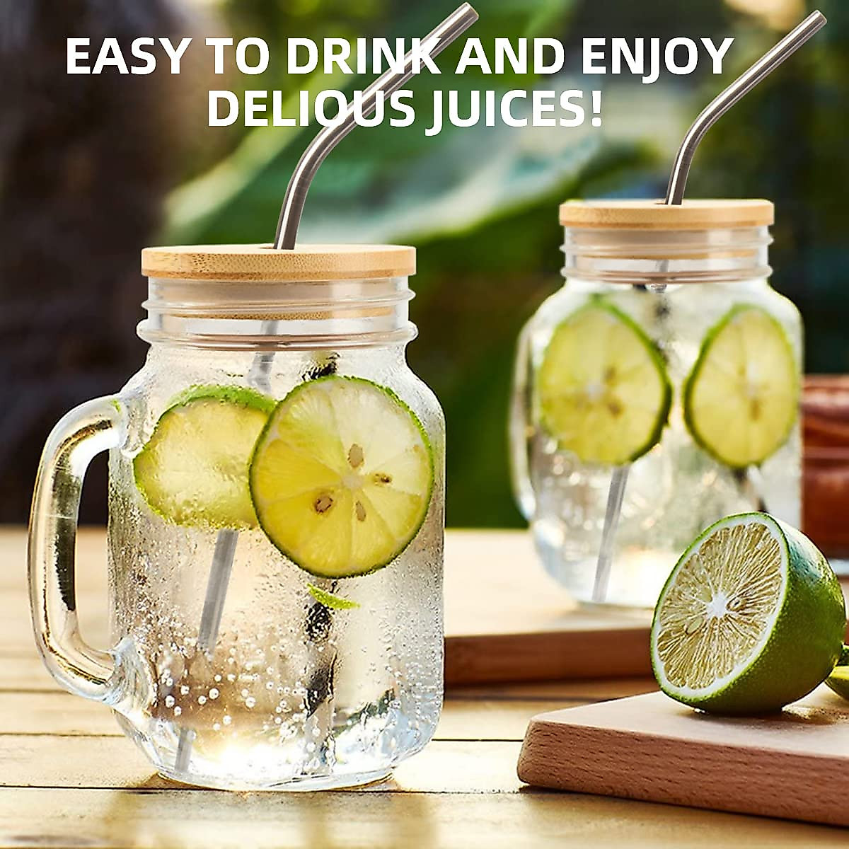 OAMCEG 6 Pack Mason Jars with Handle 16OZ Glass Mason Jar Cups with Lids and Straws, Large Glass Juice Bottles, Reusable Wide Mouth Smoothie Jars, Old Fashion Mason Jar Cups for Tea, Iced Coffee