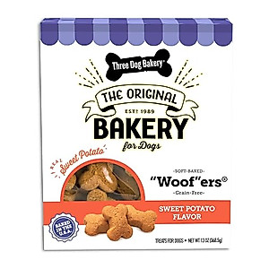 Three Dog Bakery Grain Free Wafers Baked Dog Treats, Sweet Potato, 13 oz