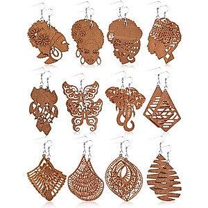 12 Pairs African Wooden Earrings for Women Bohemian Wood Earrings Bulk Ethnic Dangle Drop Earrings Boho African Earrings(Stylish Style)