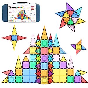 PicassoTiles 101pcs Magnetic Building Block Toy + Case Set Magnet Tile Construction Blocks for Ages 3 and Up Educational Kit Child Brain Development Learning Playset in Portable Travel Carry Bin