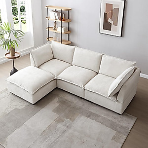 kevinplus 99.3'' Sectional Sofa Couch Cloud Sofa Couch Dupes with Feather Filled for Living Room, Modern Modular 3-Seat L-Shape Sofa Couch with Convertible Ottoman, Linen Fabric, Beige