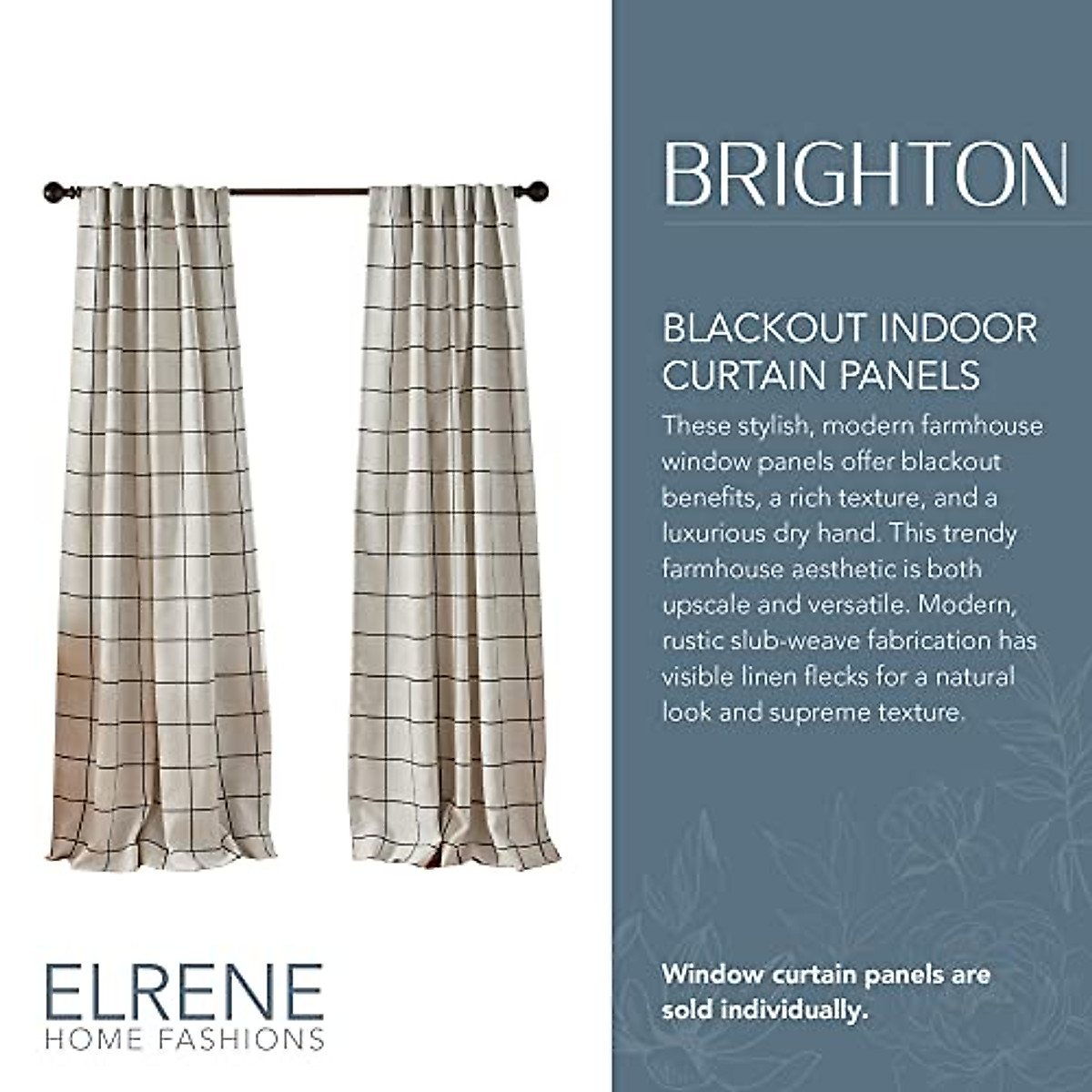 Elrene Home Fashions Brighton Windowpane Plaid Blackout Window Curtain, Living Room and Bedroom Drape with Rod Pocket Tabs, 52" x 95", Black, 1 Panel