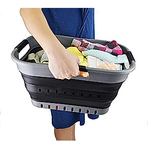 SAMMART 19L (5 gallon) Collapsible Super Mini 3 Handled Plastic Laundry Basket - Foldable Pop Up Storage Container/Organizer - Space Saving Hamper/Basket, (1, Grey/Black)