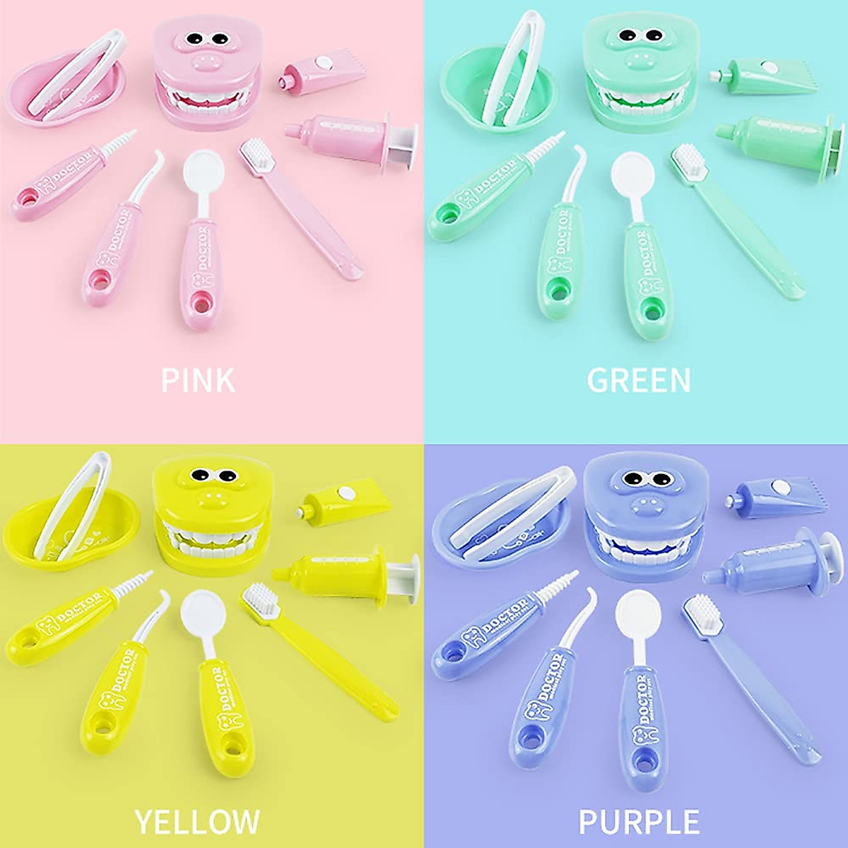 9PCS Plastic Simulation Dentist Play Set Medical Kit Pretend Toy for Kids Hygienic Habbit Cultivation Role Play Game for Children 6 Colors (Purple/Pink/Yellow/Green) Simple OPP Bag Packaging (Pink)