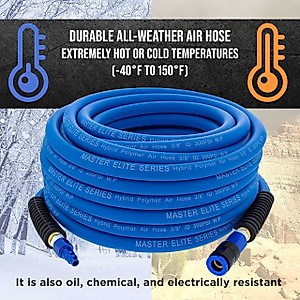 Master Elite Series 50-Foot Hybrid Polymer Air Hose with 1/4" NPT Male Ends - Universal Aluminum Quick Coupler and Plug - HD Lightweight Super Strong & Flexible 3/8" ID - Spray Gun Air Tool Compressor