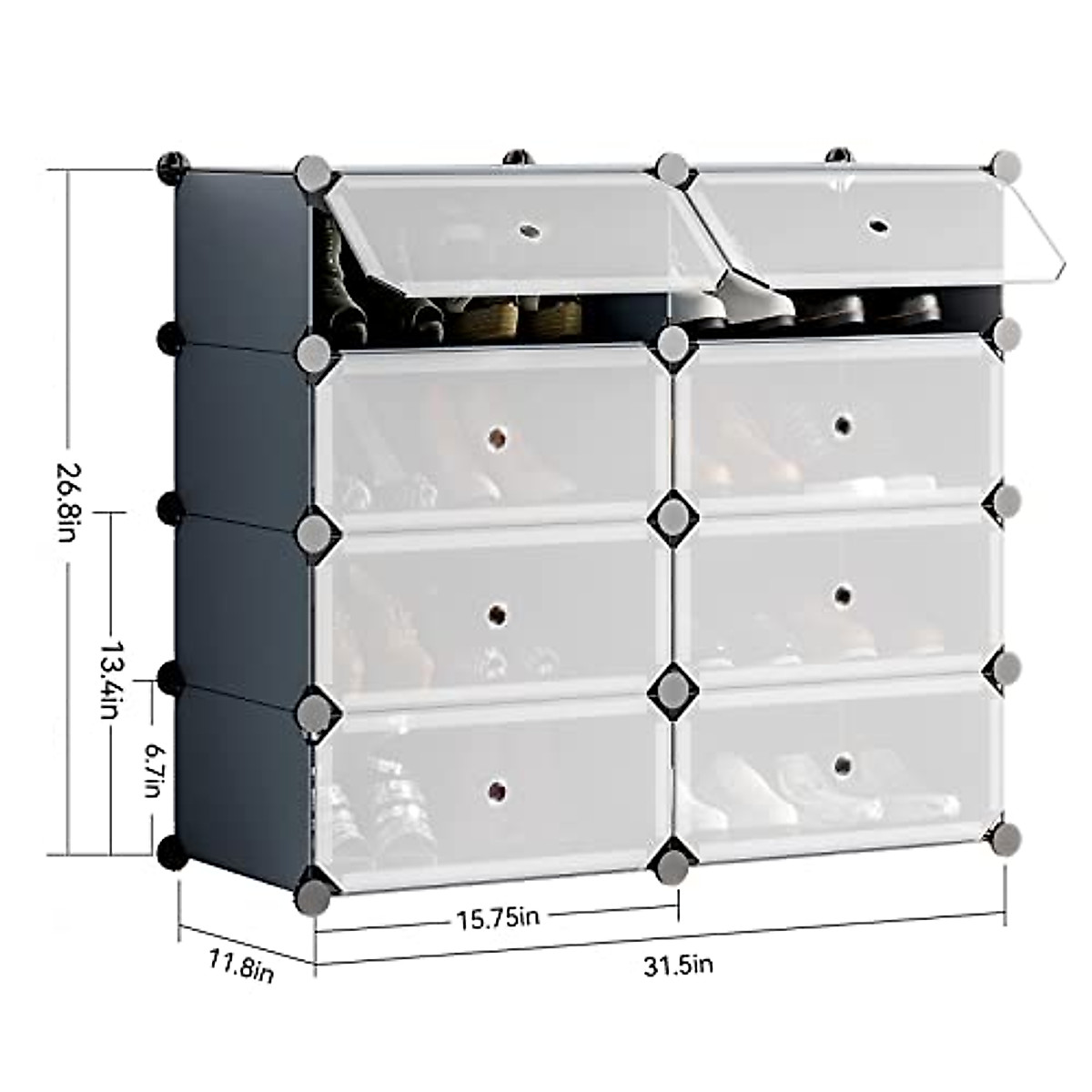 UNZIPE Shoe Rack Cabinet, 8-Tier Shoe Storage Organizer for Entryway, 16 Pairs Plastic Shoe Shelves with Door DIY Freestanding Shoes Tower with Covered for Closet Bedroom Hallway Garage, Dark Grey