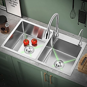 Double Bowl Kitchen Sink, Drop In 32.3 x 17.7 Stainless Steel Topmount Bar Sink Nice Kitchen Sink With Gift-Soap Dispenser, Faucet Mat, Drain Strainer Set for Modern Kitchen Sink