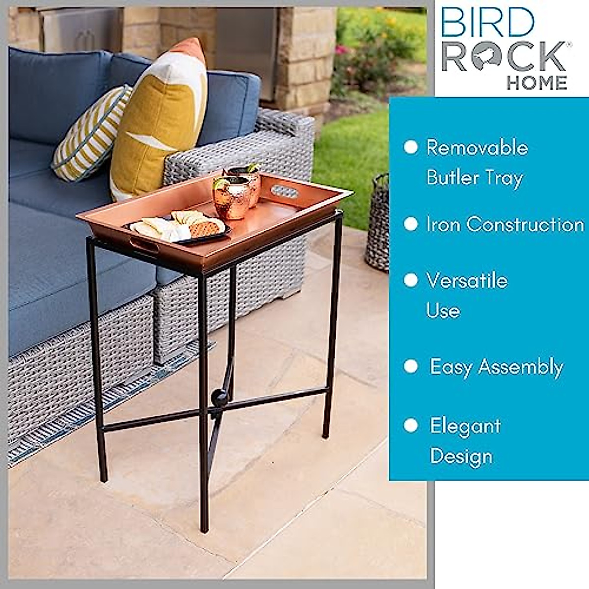 BIRDROCK HOME 25" Butler Tray Table with Removable Copper Top | 25" L x 15.6" W Top | Serving Tray with Stand | Black Iron | Contemporary End Table