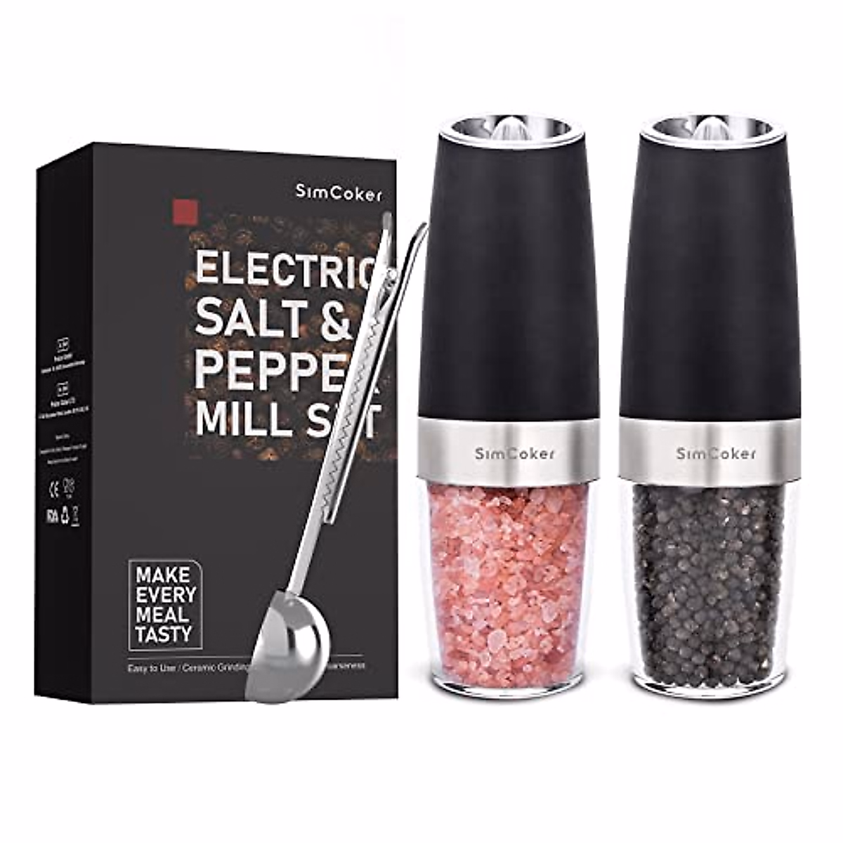 SimCoker Gravity Electric Salt and Pepper Grinder Set, Automatic Salt and Pepper Grinder Set Battery Operated, Adjustable Coarseness with LED Light, One Hand Automatic Operation, Spoon, Black, 2 Pack