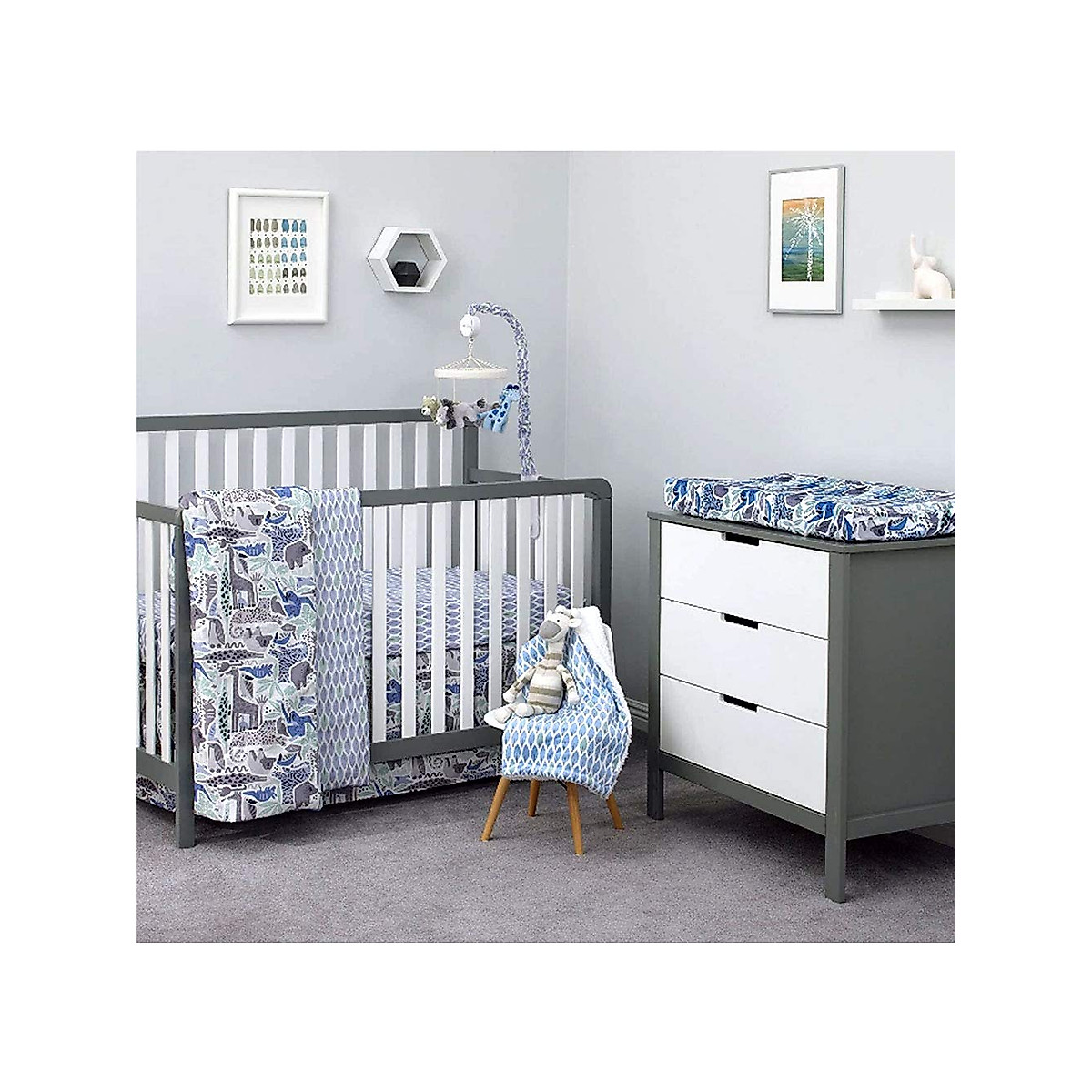 Dwell Studio Safari Skies Animal/Jungle 3 Piece Crib Bedding Set, Blue/Gray/Green/Taupe