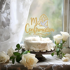 Mi Confirmacion Cake Topper, First Holy Communion, God Bless, Bridal Shower/Wedding/Baptism/Christening Baby Shower Party Decorations Gold Glitter