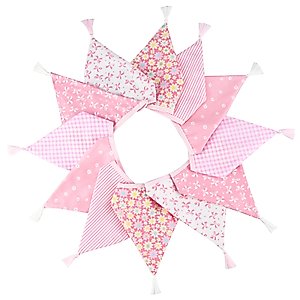 Zwiebeco 10.5Ft Pink White Fabric Florals Tassels Pennant Banner Flags Triangle Bunting Garland for Engagement Wedding Bridal Shower Birthday Party Decorations Tent Home Garden Hanging Decor Supplies