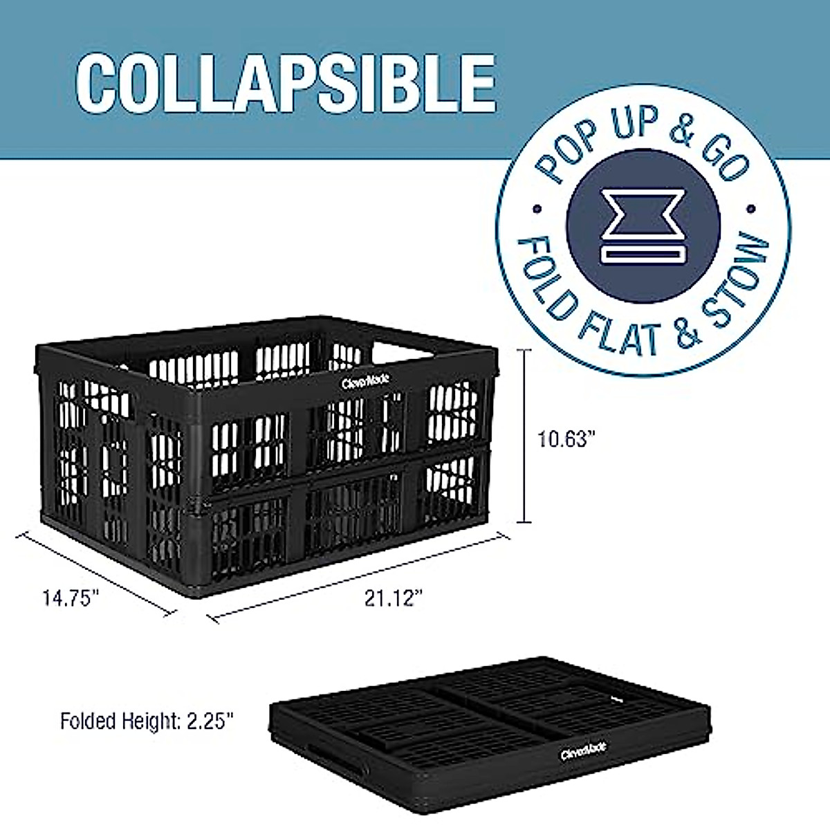 CleverMade 45L Collapsible Storage Bins, Plastic Stackable Grated Wall Utility Containers, CleverCrates Baskets, Black, 3 Pack